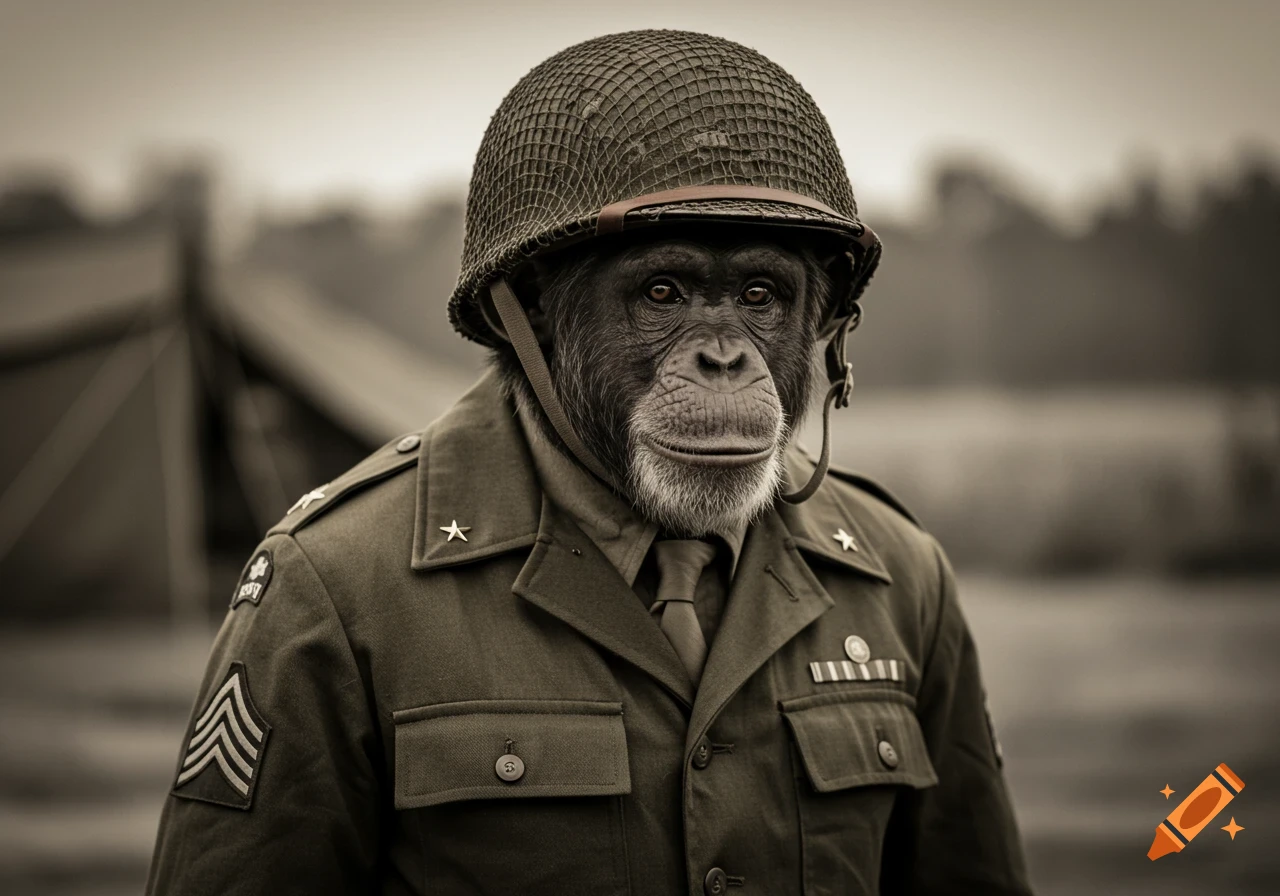 A chimpanzee wears a World War 2 military uniform and helmet in an old ...