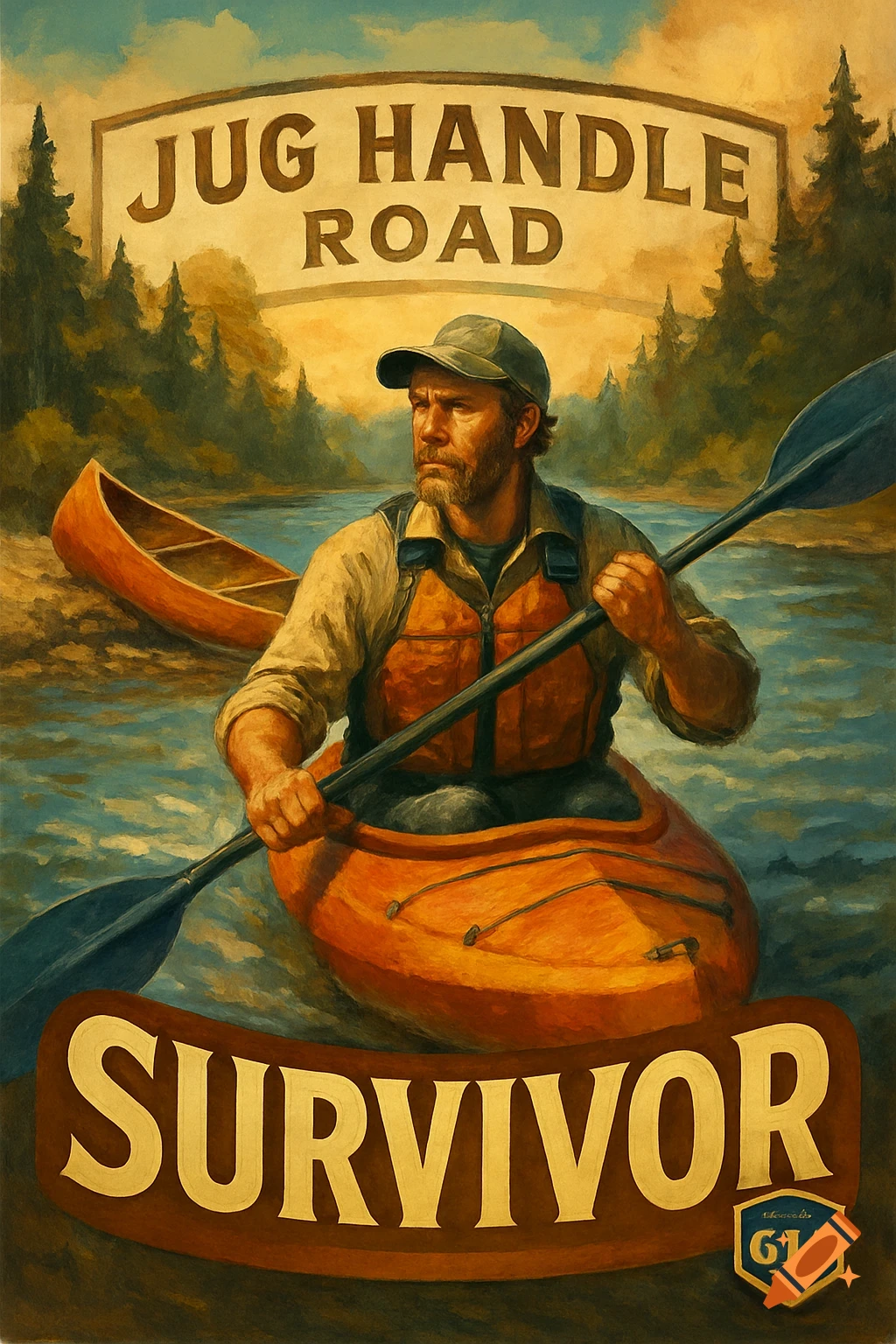 Painterly style poster of a man kayaking on a river with text "Jug ...