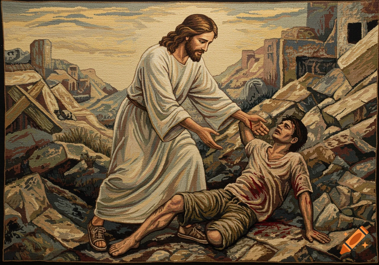 Jesus helps an injured man in a destroyed city, depicted in a woven ...