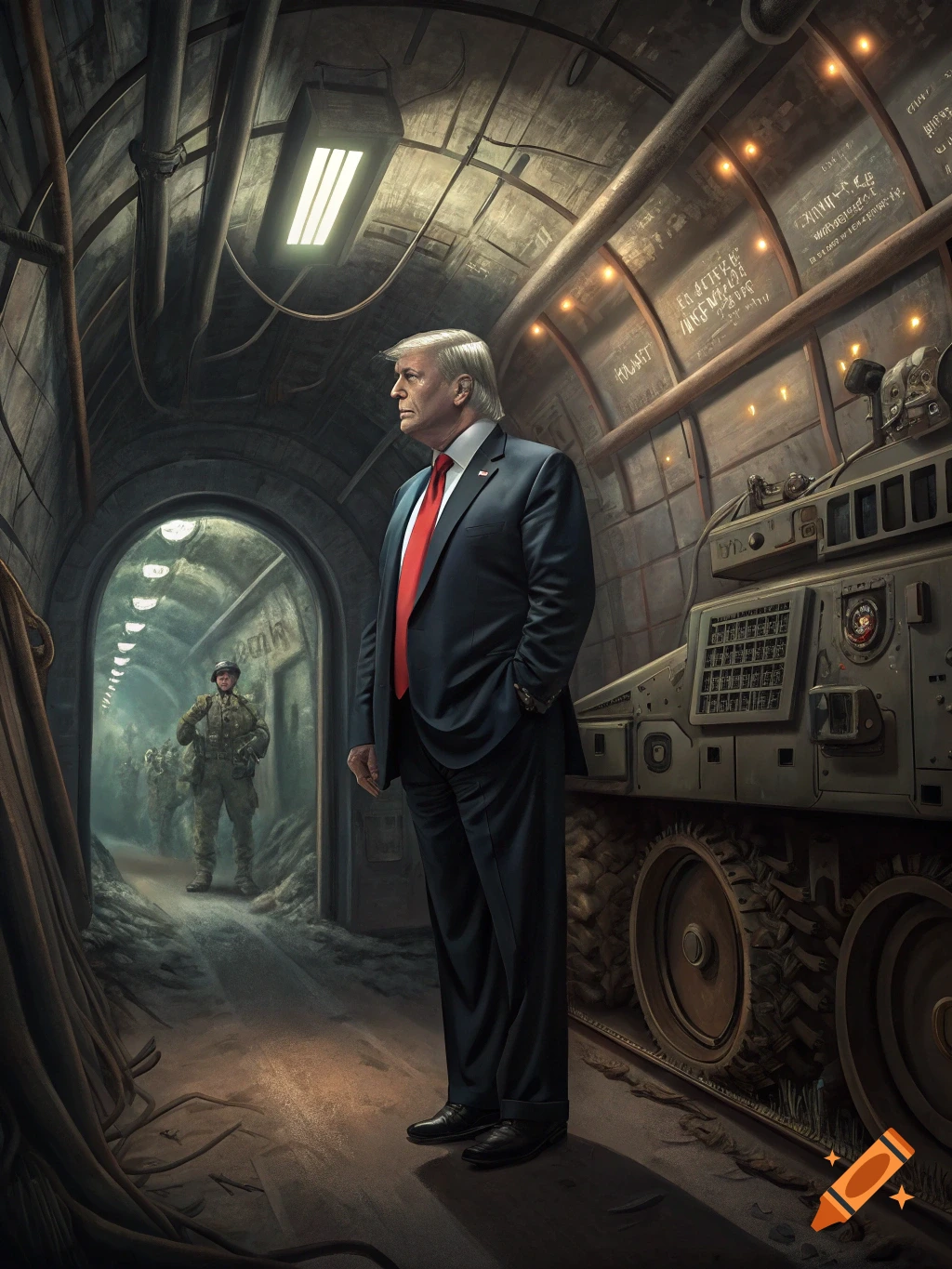 Donald Trump stands in a dimly lit bunker with soldiers and a military ...