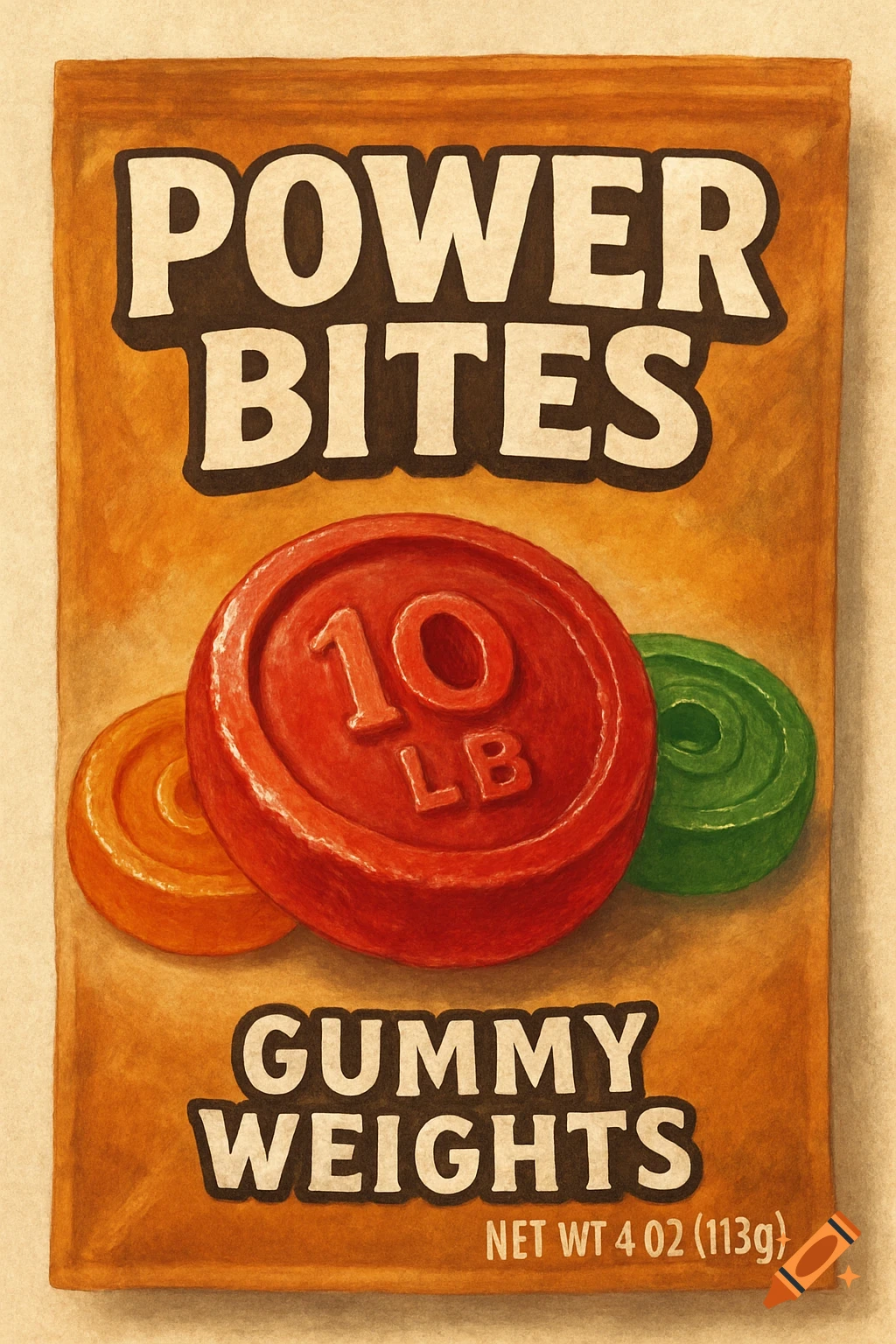 Packaging for Power Bites Gummy Weights candy, stylized painting on Craiyon