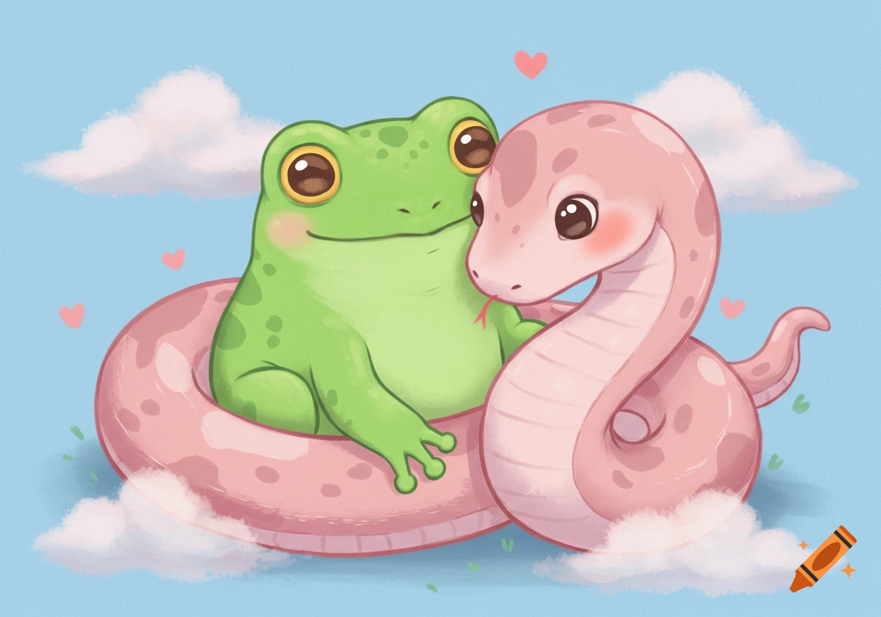 Cute cartoon frog and pink snake cuddle on a ring in clouds. on Craiyon