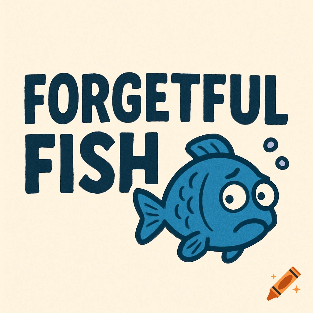 Cartoon blue fish with text "FORGETFUL FISH". on Craiyon