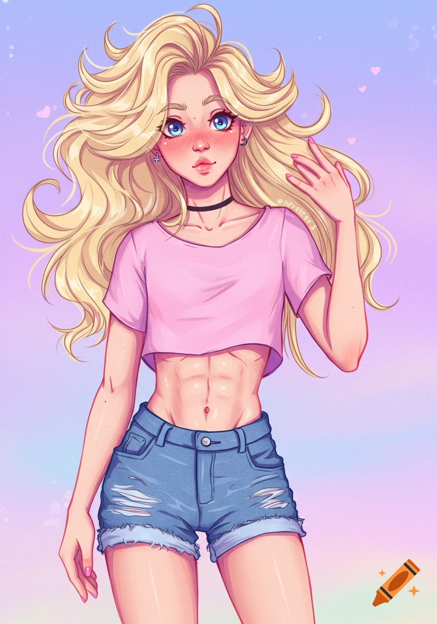 Stylized drawing of a blonde person with abs in a pink crop top and ...