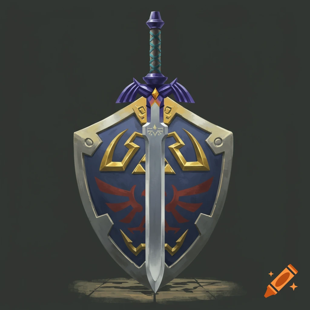 Master Sword in front of the Hylian Shield from The Legend of Zelda ...