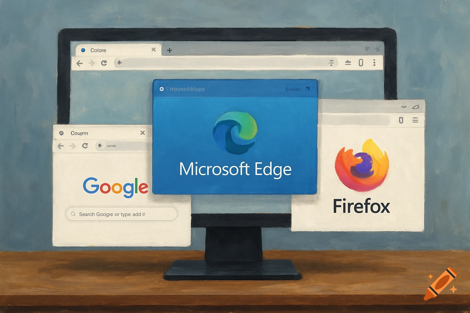 A painterly image of a computer monitor displaying open browser windows ...