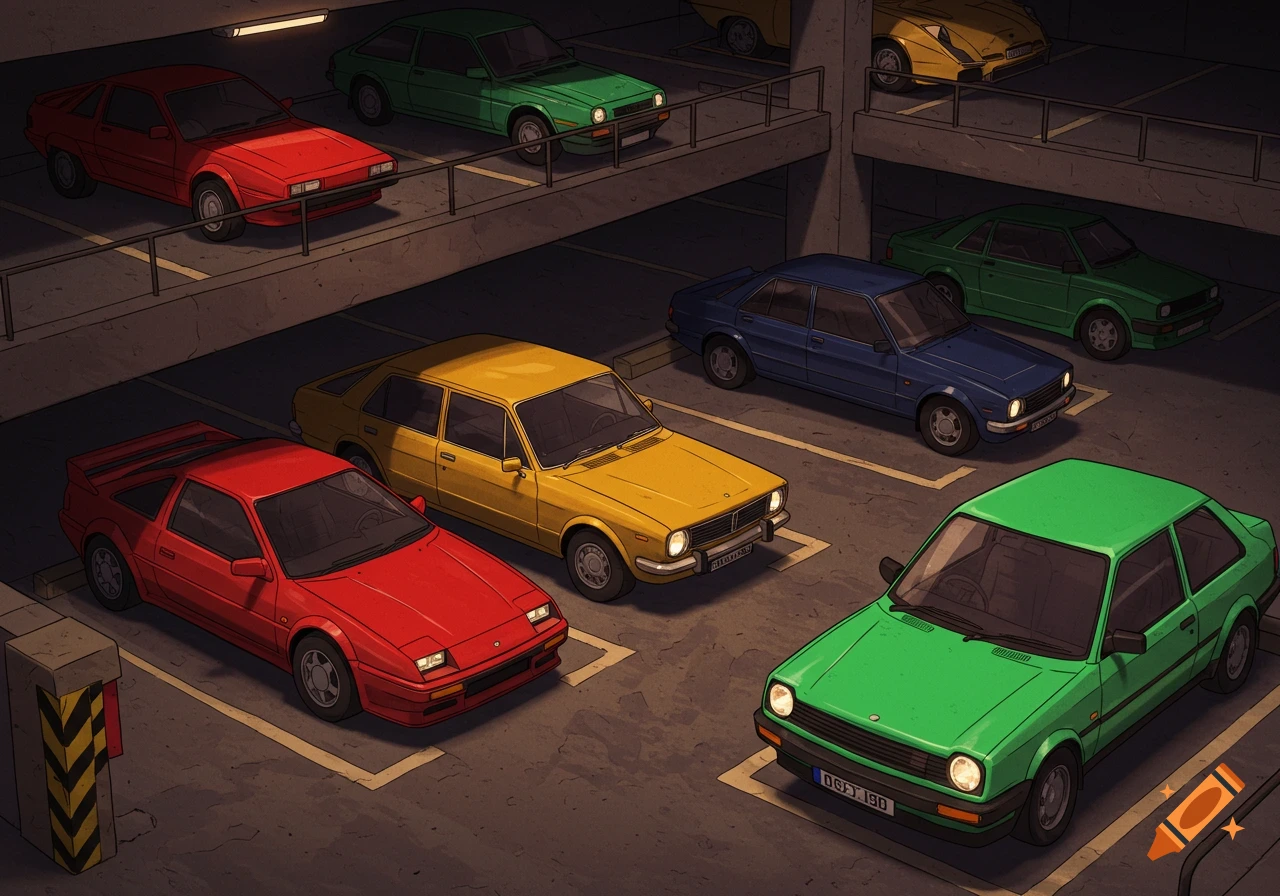 Several stylized 80s cars in different colors parked in a concrete ...
