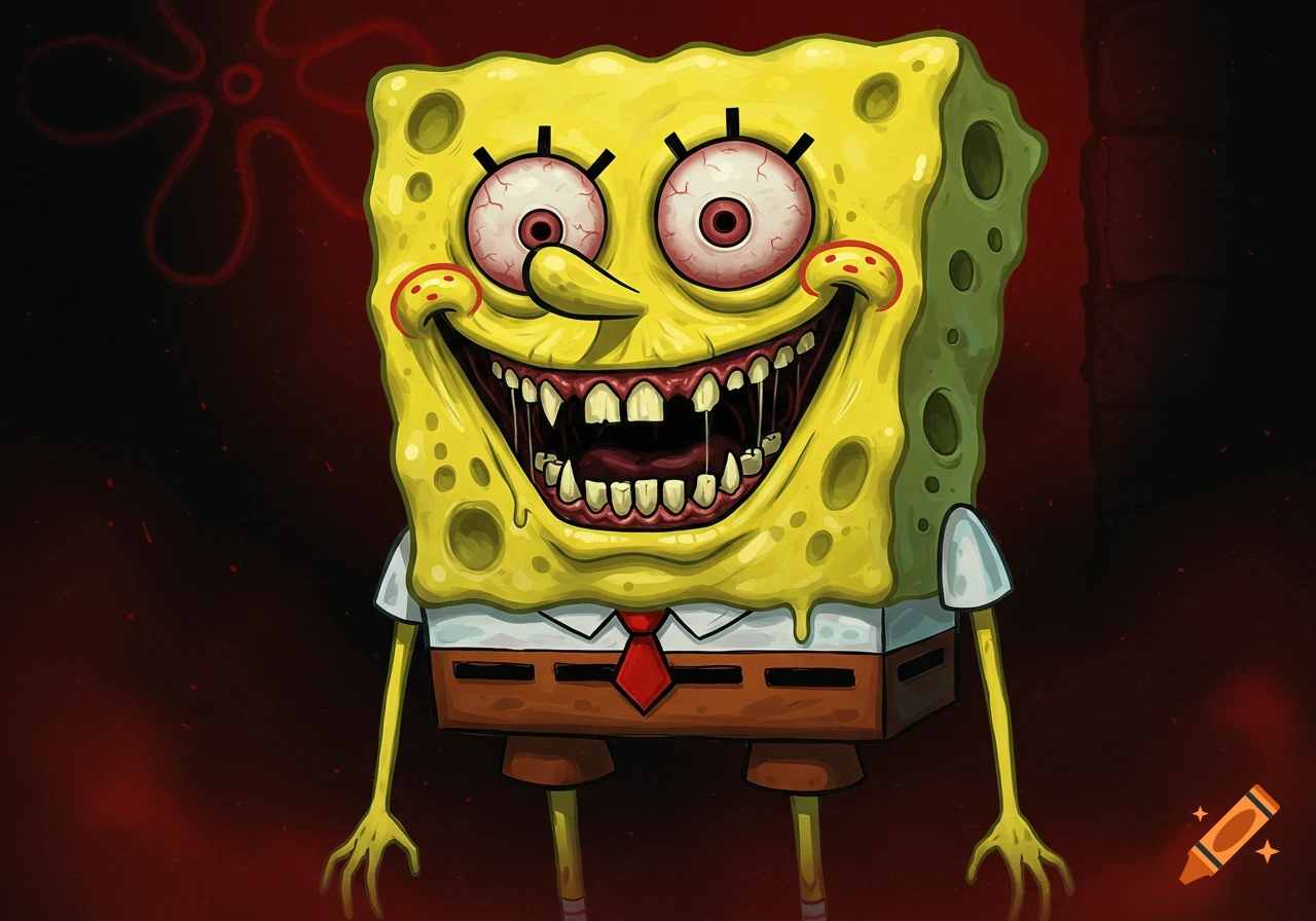 A monstrous version of Spongebob Squarepants with bloodshot eyes, sharp teeth, and dripping ...