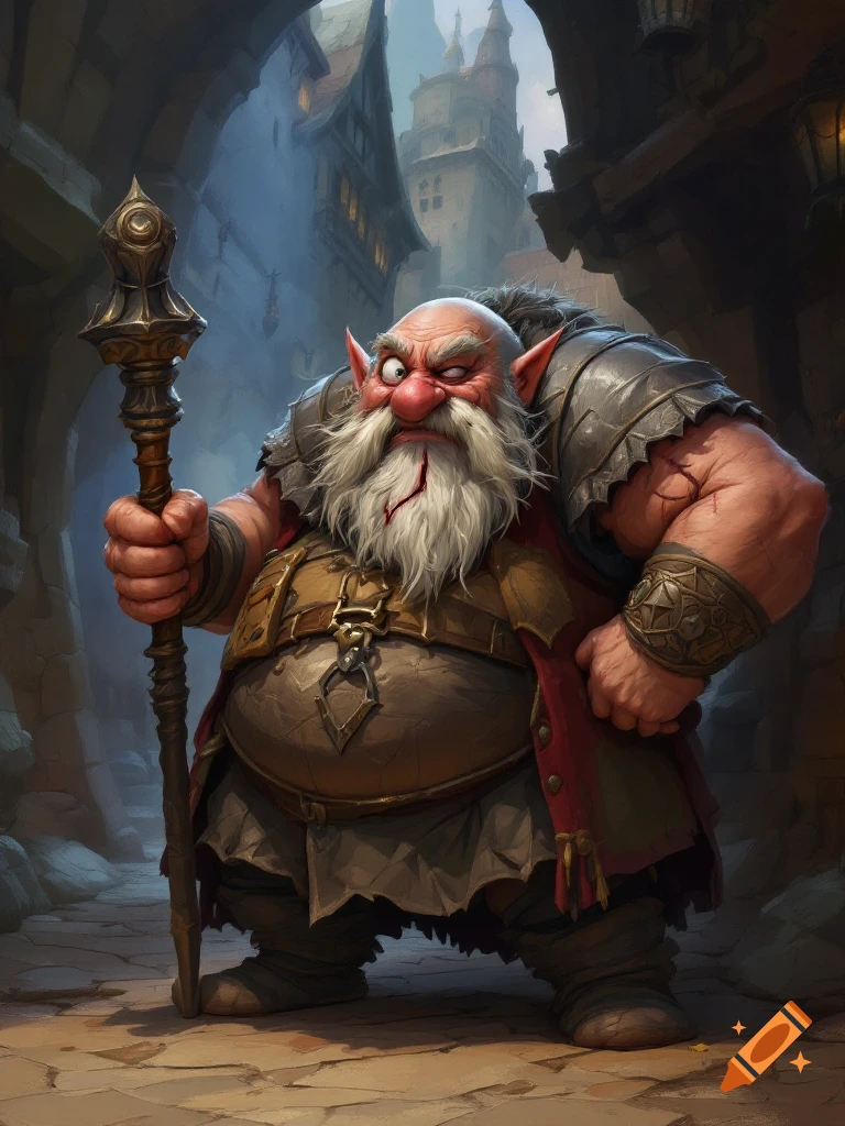 A broad-shouldered fantasy dwarf with a white beard stands in a ...