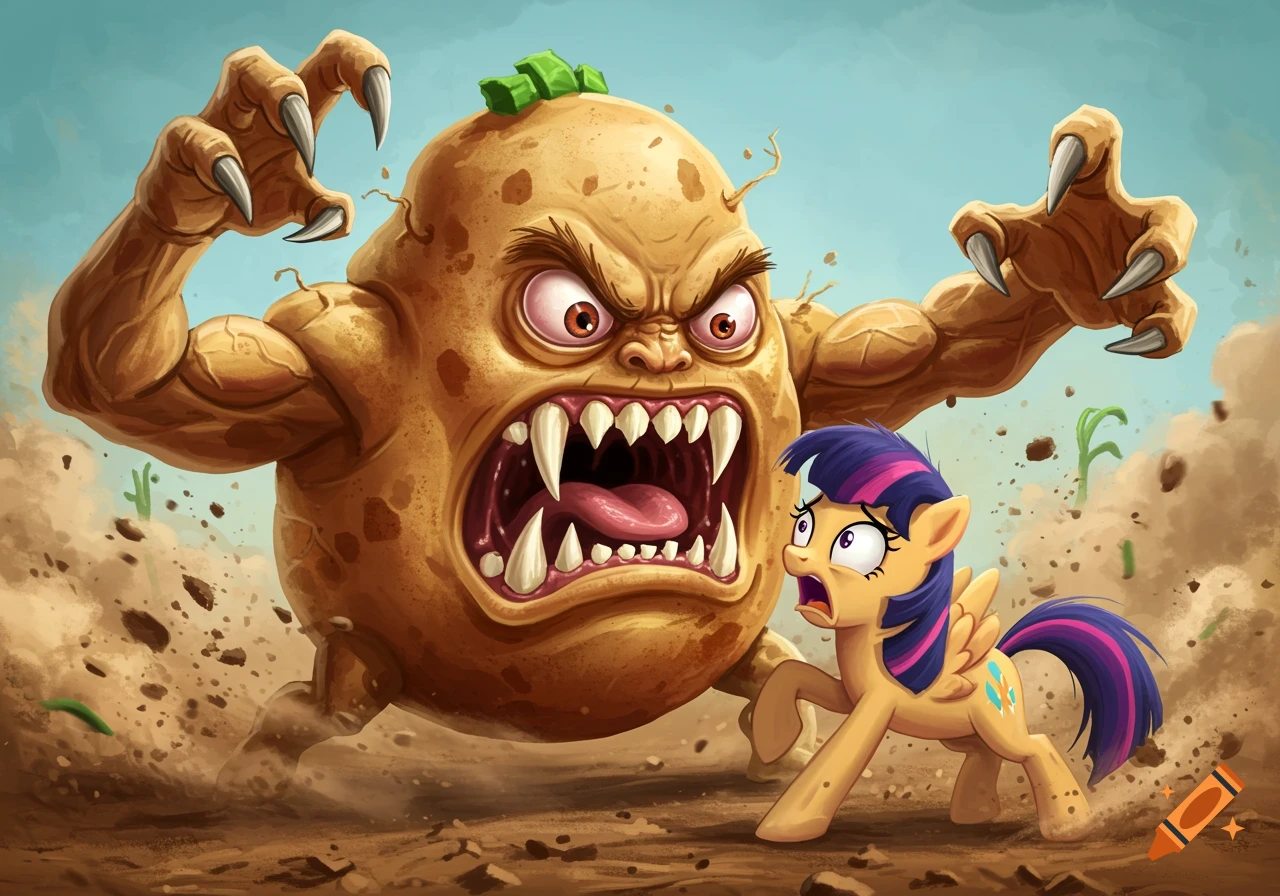 A ferocious, muscled potato monster with sharp teeth chases a scared ...