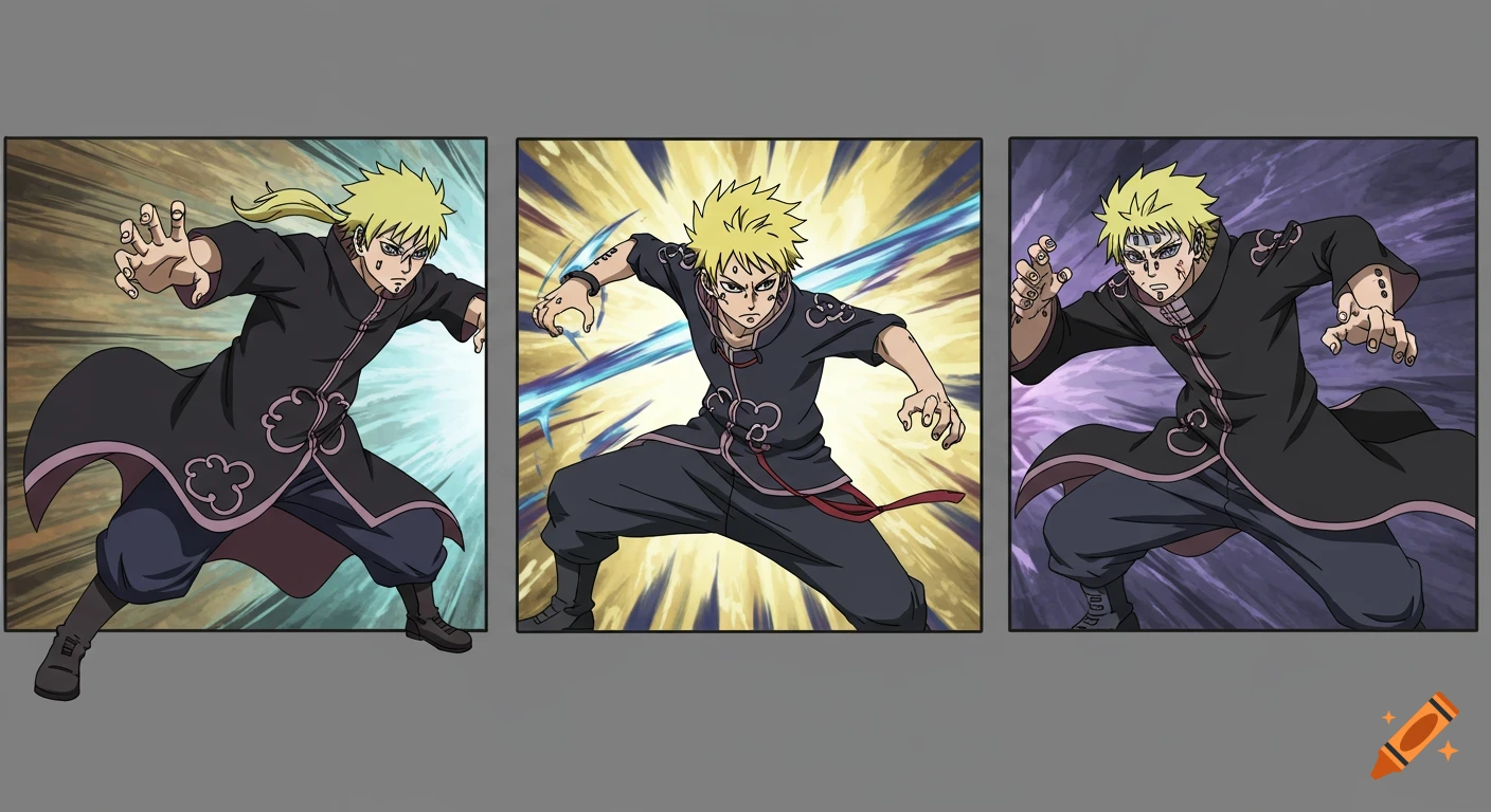 Three-panel anime illustration of a character in black and purple robes ...