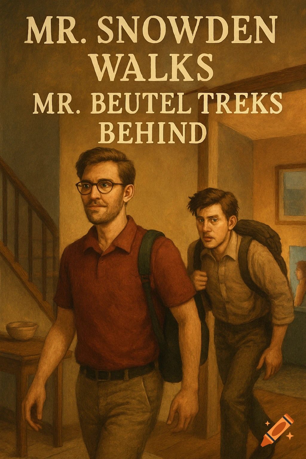 Illustration of two men with backpacks walking indoors. Title text ...