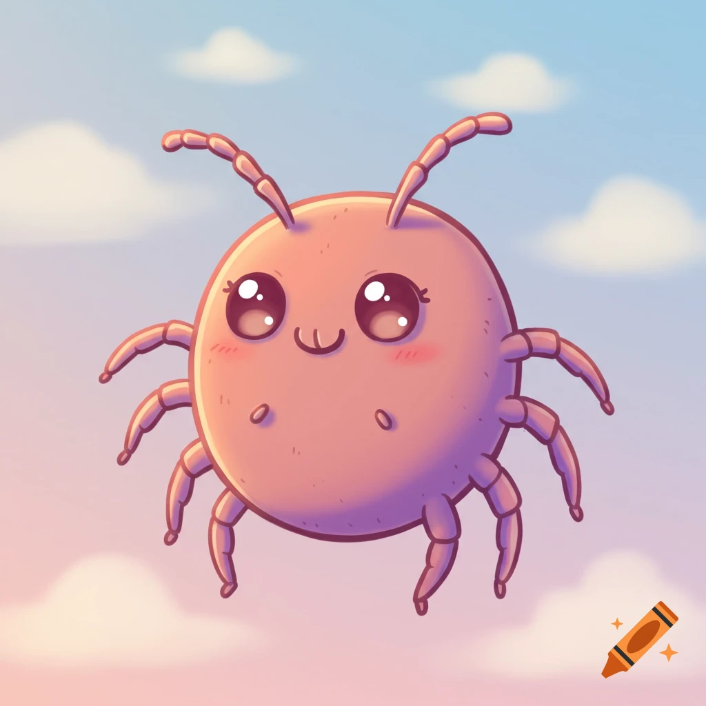 A cute pink cartoon tick floats in a pastel sky. on Craiyon