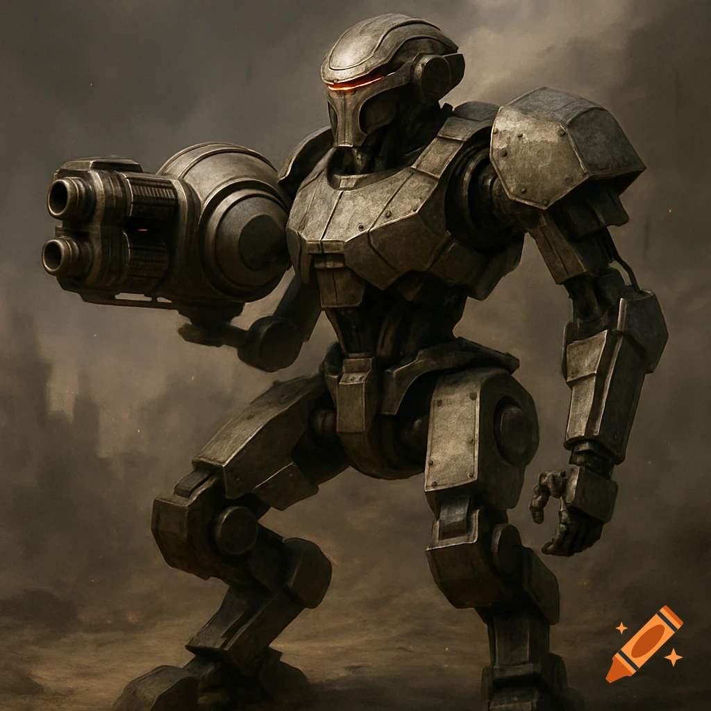 Detailed metal battle droid with large gun in a smoky environment. on ...