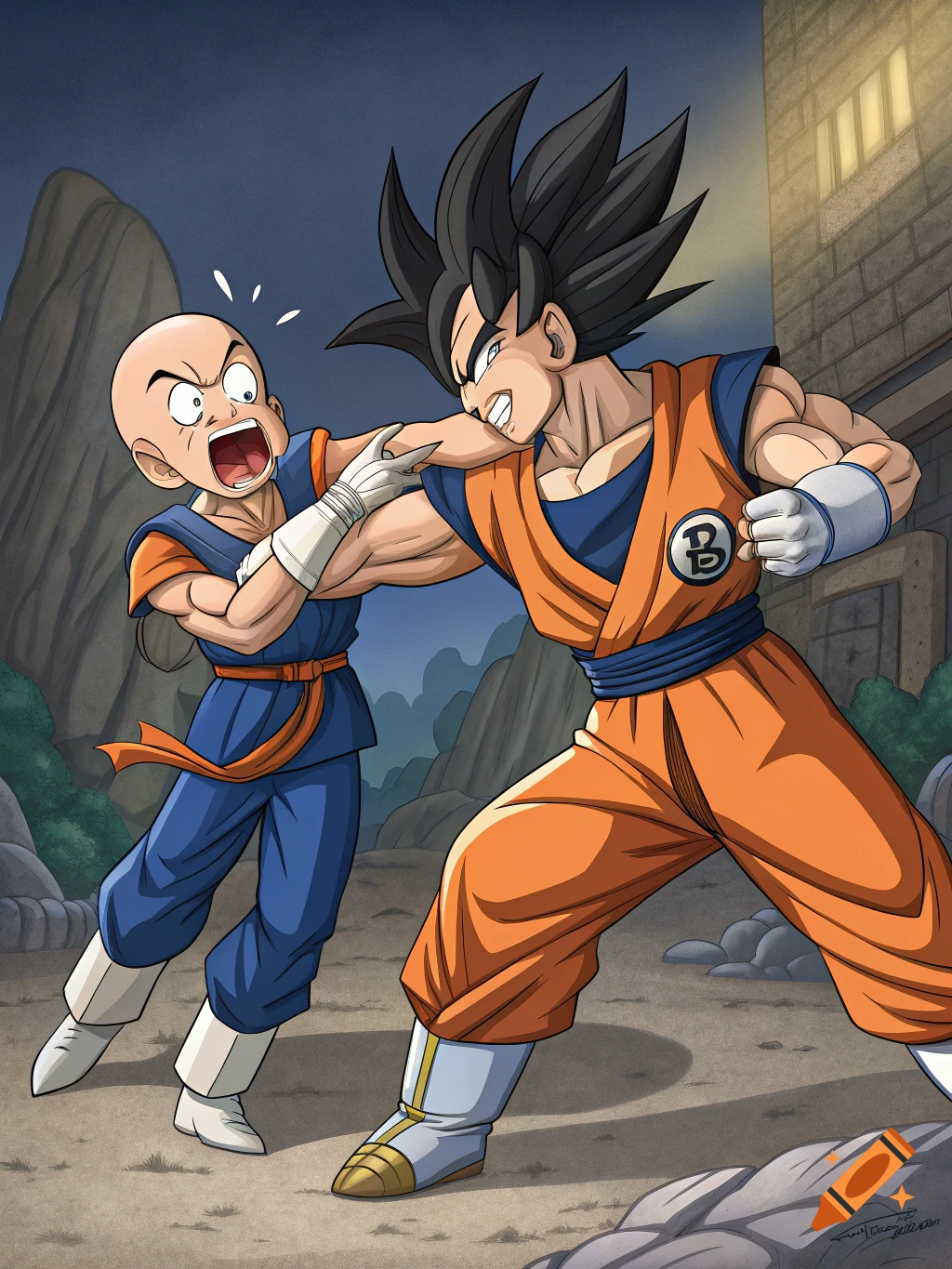 Two anime characters, Krillin and Goku, fighting in a martial arts gi ...