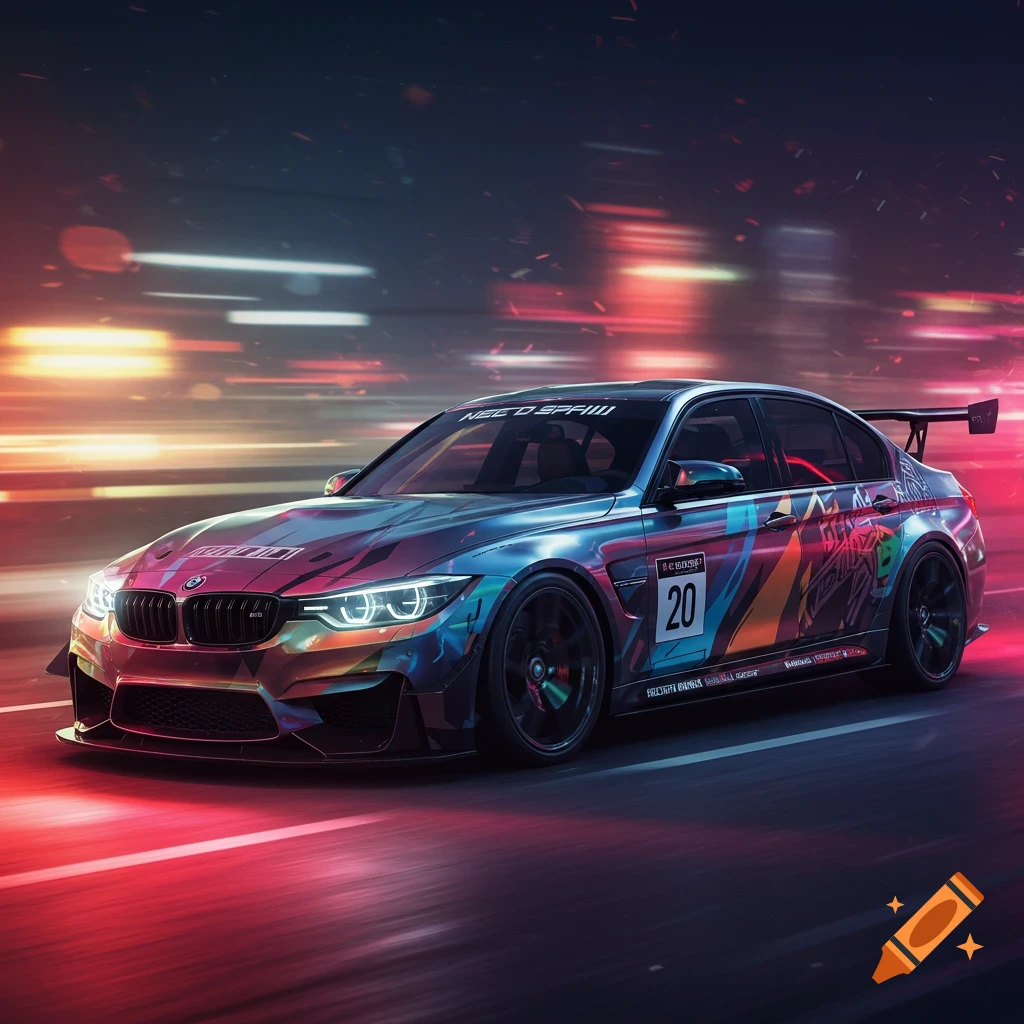 Modified BMW racing car with colorful livery speeding at night with ...