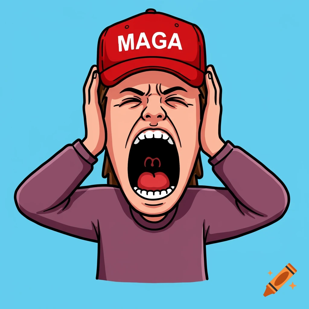 Cartoon of a person in a red MAGA hat covering their ears and screaming ...