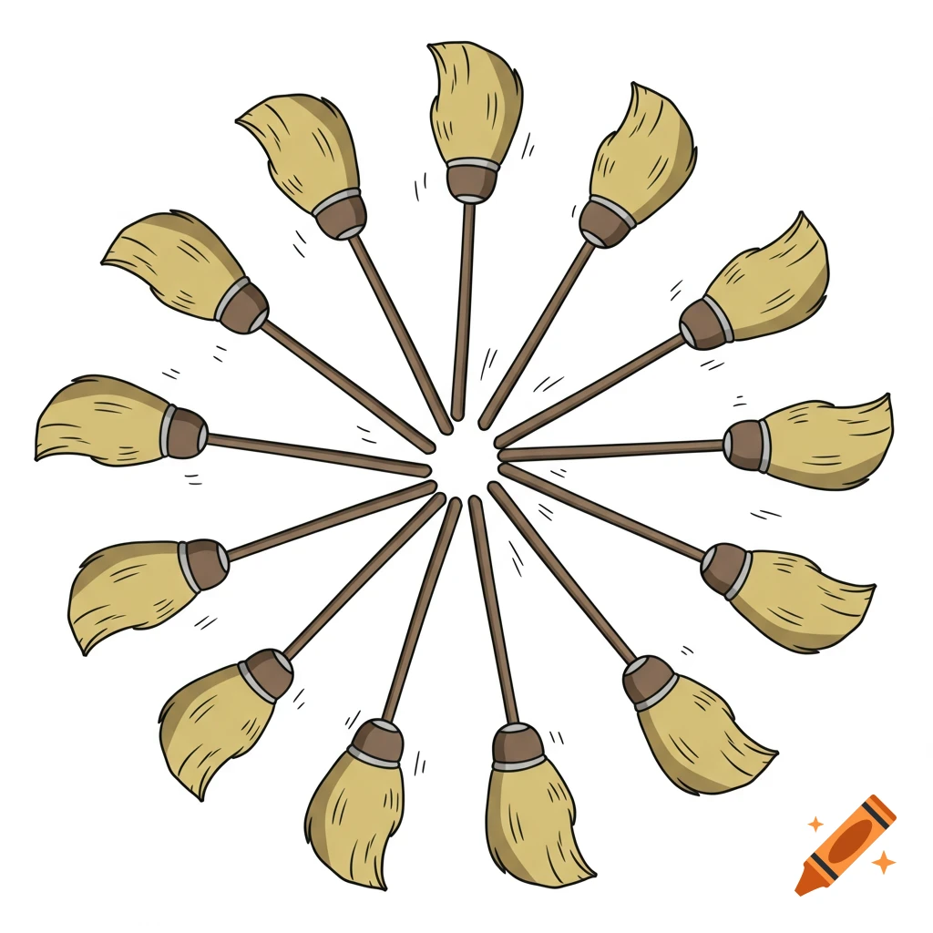 Multiple cartoon brooms arranged in a circle like a spinning fan. on ...