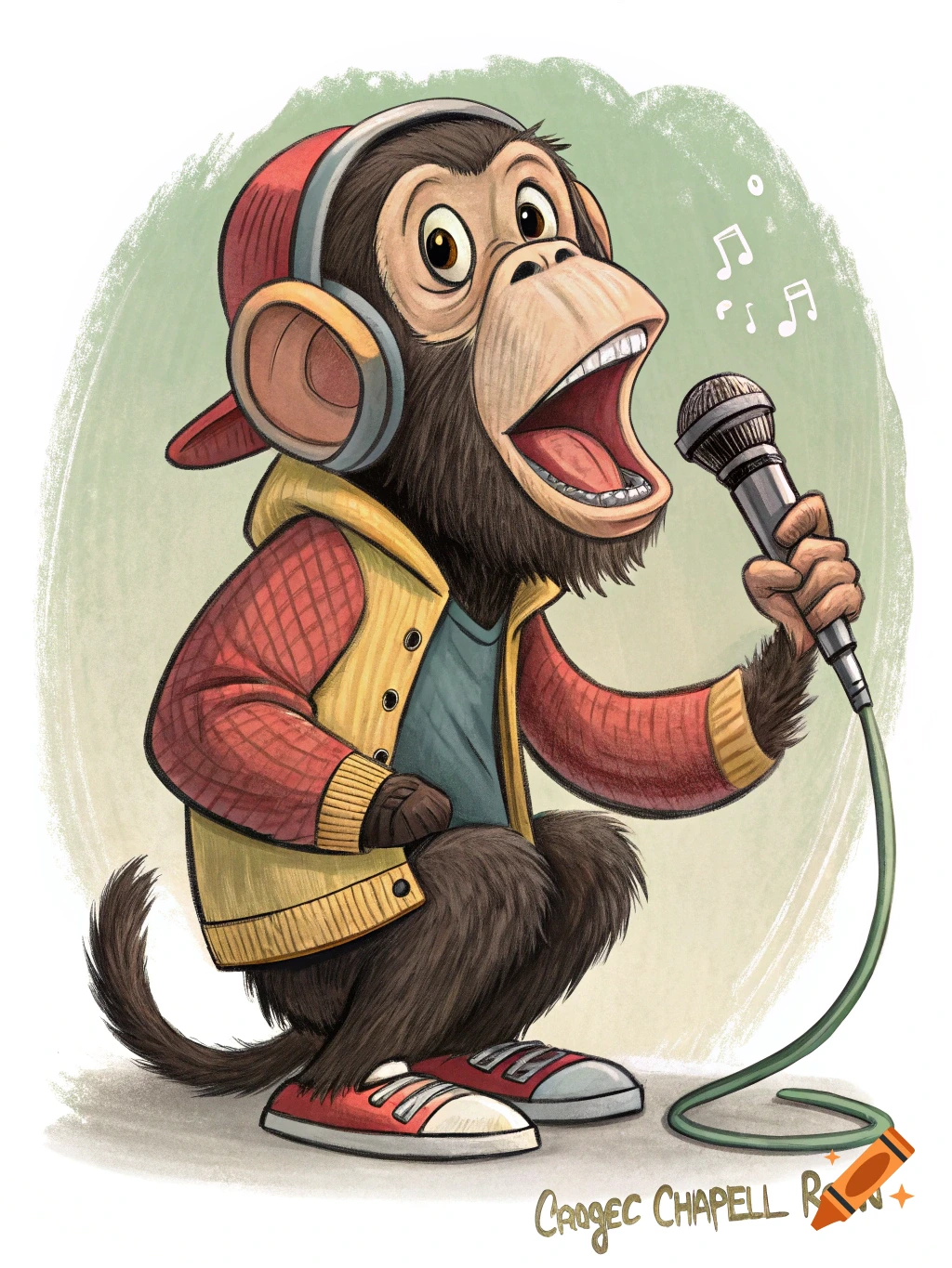 Cartoon monkey with headphones and hat singing into a microphone. on ...
