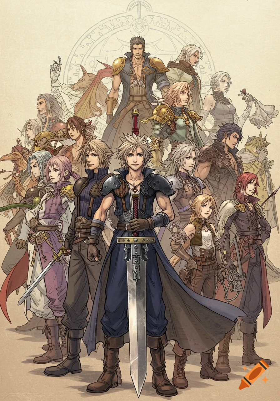 Illustration of many fantasy video game characters standing together ...