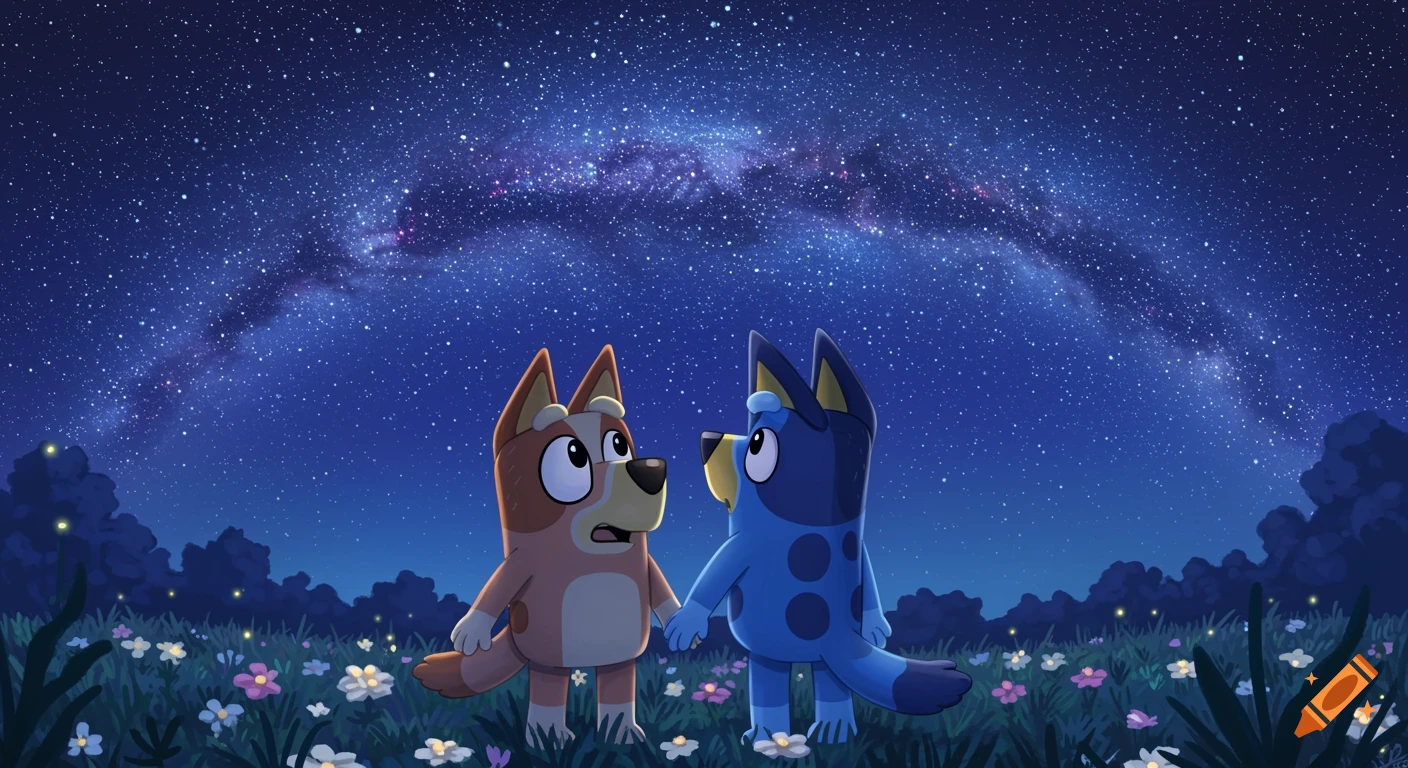 Bluey and Bingo look at the starry night sky in a field of flowers. on ...