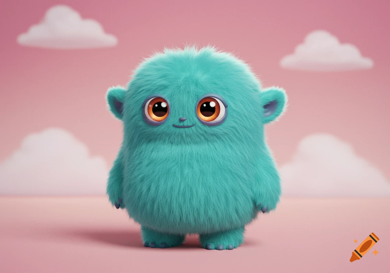 A fluffy turquoise monster with large orange eyes stands against a pink ...