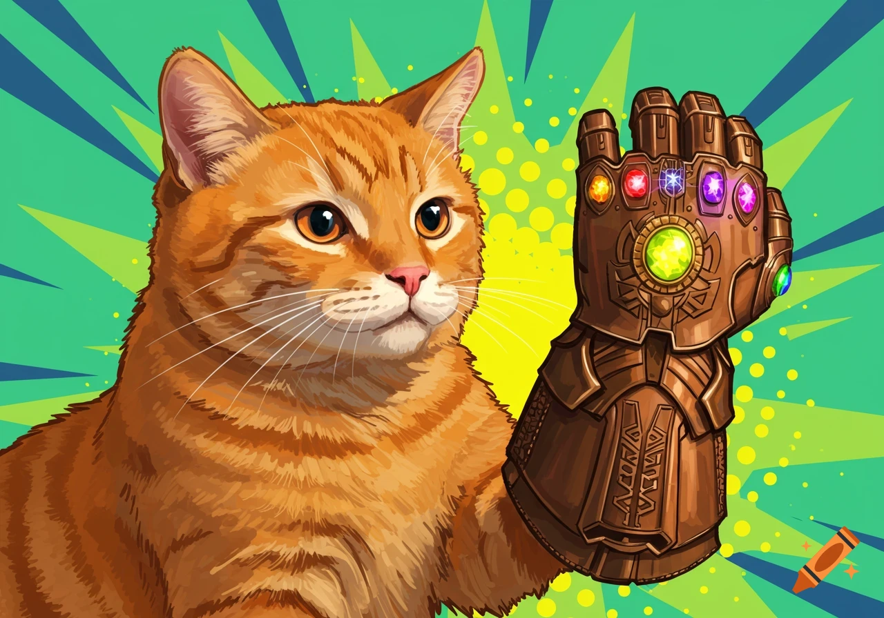 Orange cat wears the Infinity Gauntlet in a comic book style. on Craiyon