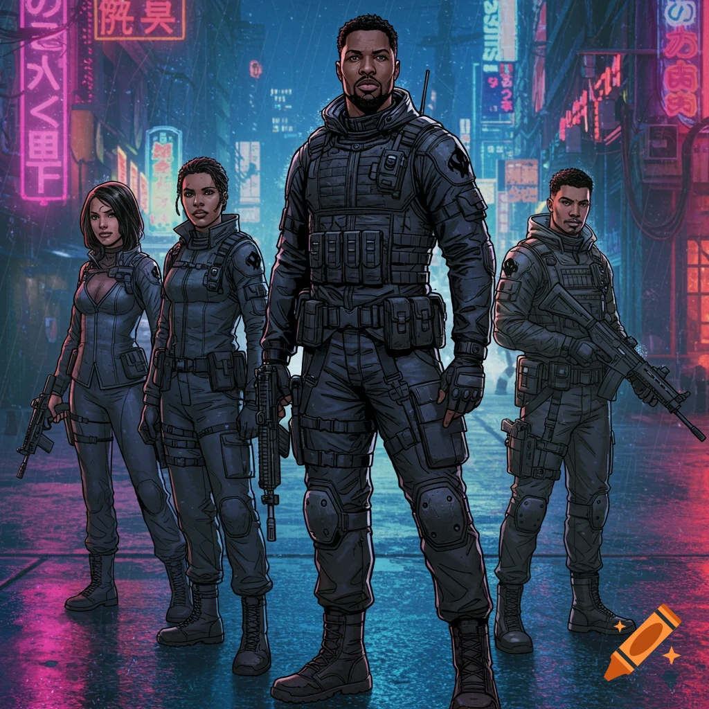 Four people in tactical gear stand in a rainy, neon-lit cyberpunk city ...