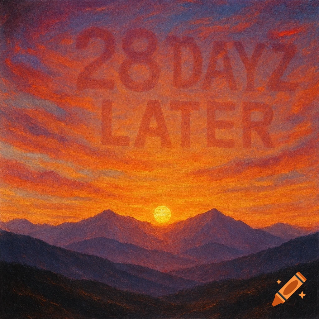 Sunset over mountains with '28 DAYZ LATER' text in the sky, painted ...