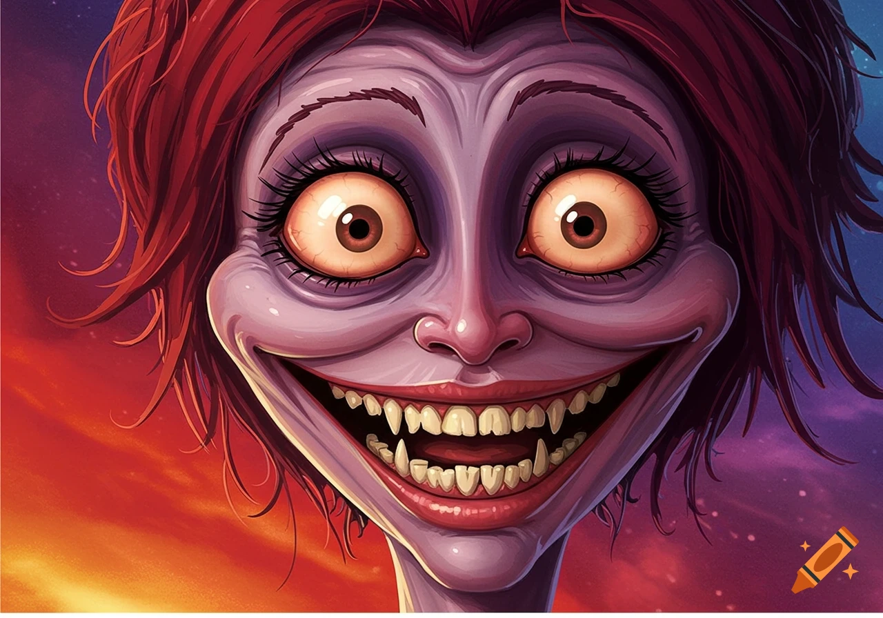 Stylized close-up portrait of a grotesque alien face with large eyes ...