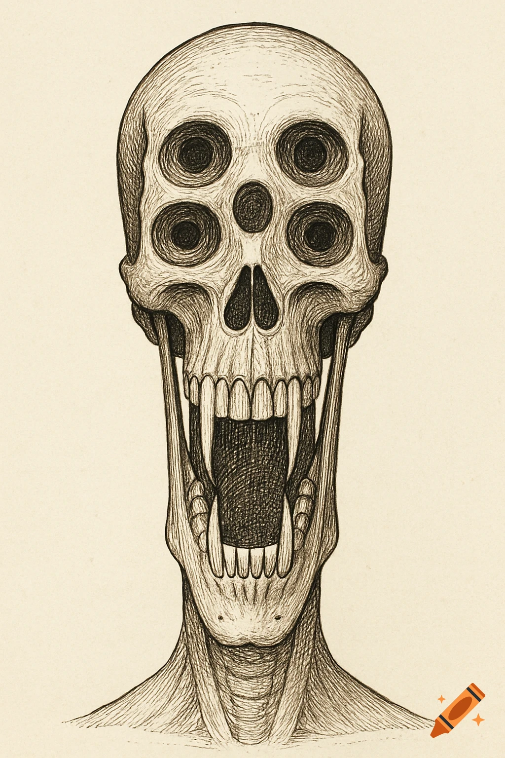Stylized drawing of a six-eyed skull with sharp fangs in a medical ...