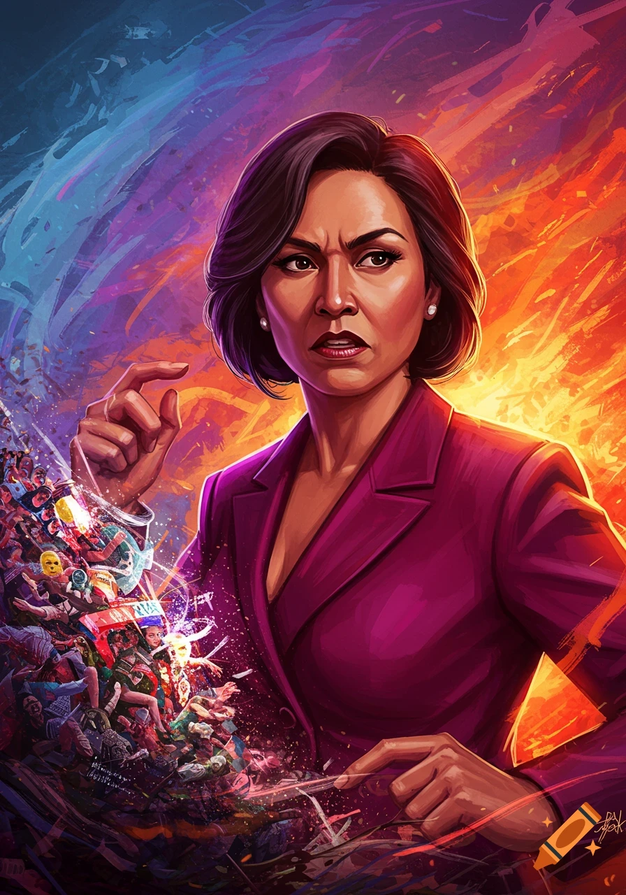 Stylized portrait of a powerful woman in a purple suit with a stern ...