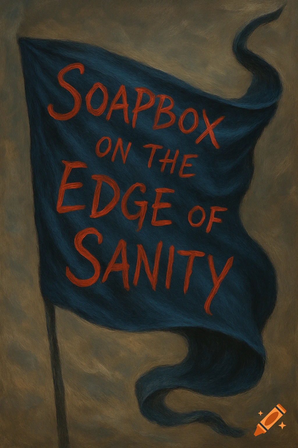 Dark blue flag with red text 'SOAPBOX ON THE EDGE OF SANITY' on a dark ...