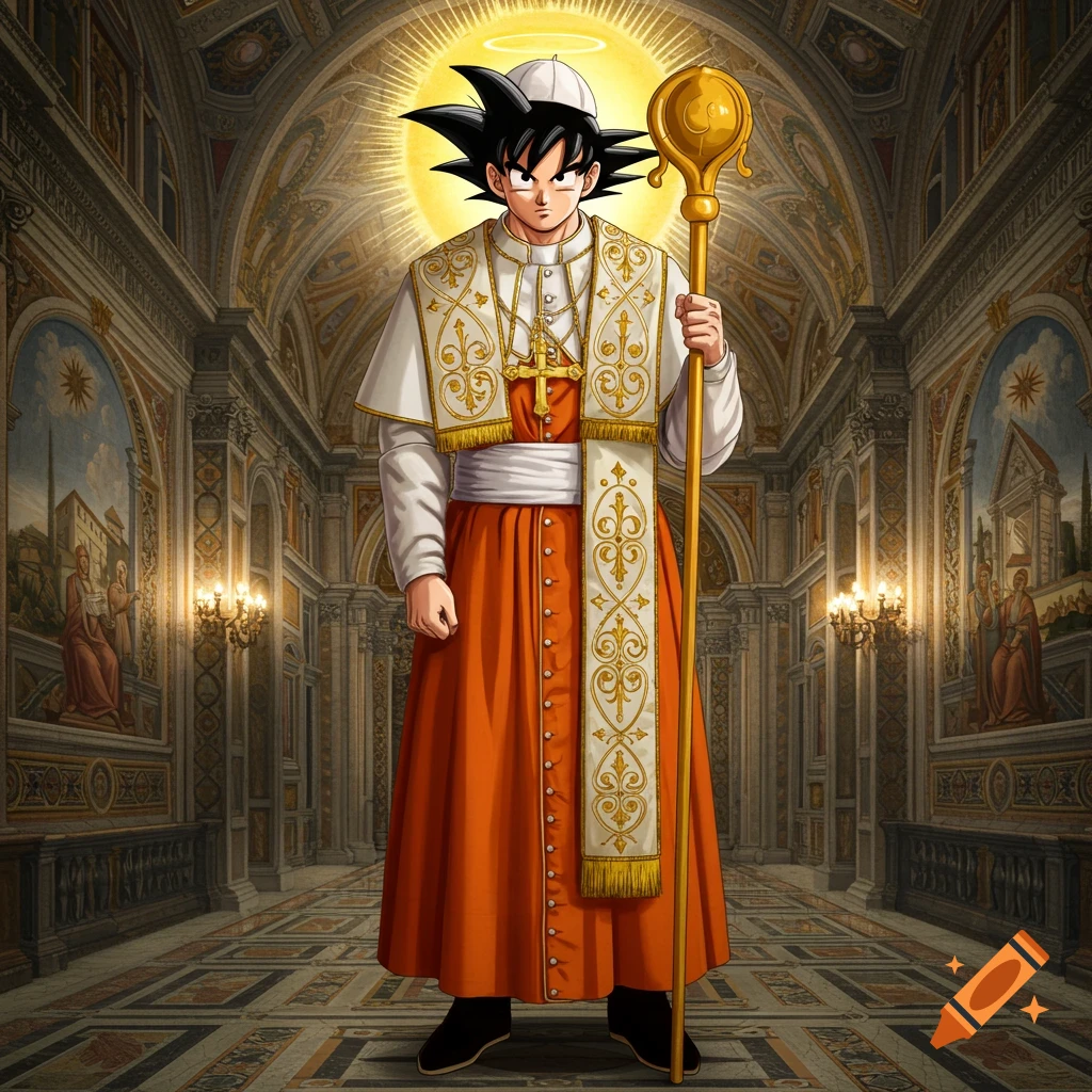 Anime-style illustration of Goku from Dragon Ball dressed as the Pope ...