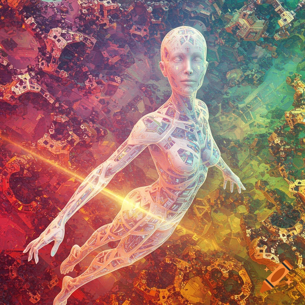 A translucent mechanical figure floats in a vibrant, swirling fractal universe. on Craiyon