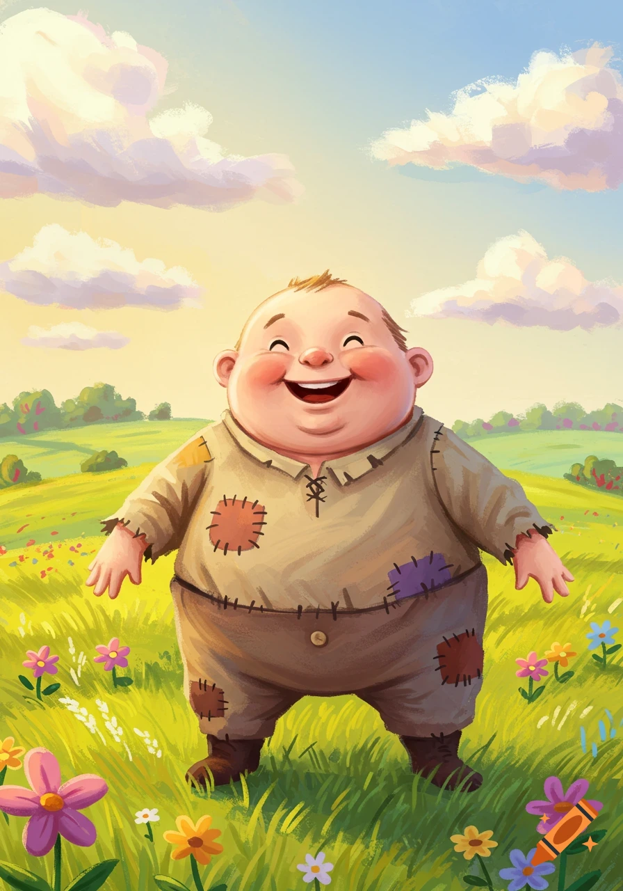 A cheerful, plump cartoon character stands in a sunny field of flowers ...