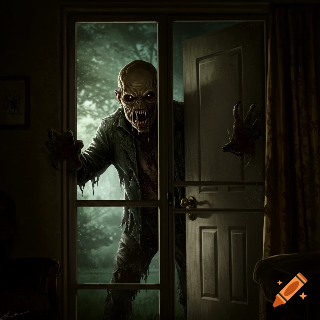 Horror monster creature looking through a screen door at night on Craiyon