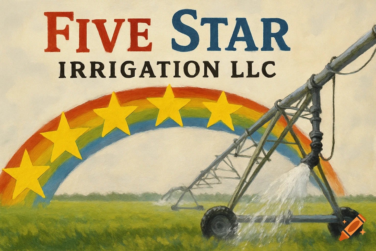 Painted scene of a farm field with a center pivot sprinkler under a ...