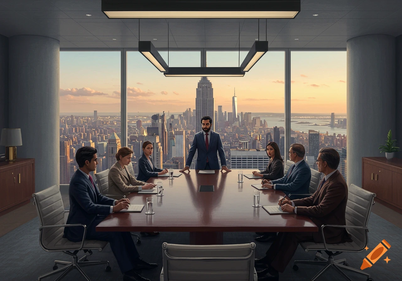 CEO leads a board meeting in a skyscraper overlooking New York City at ...