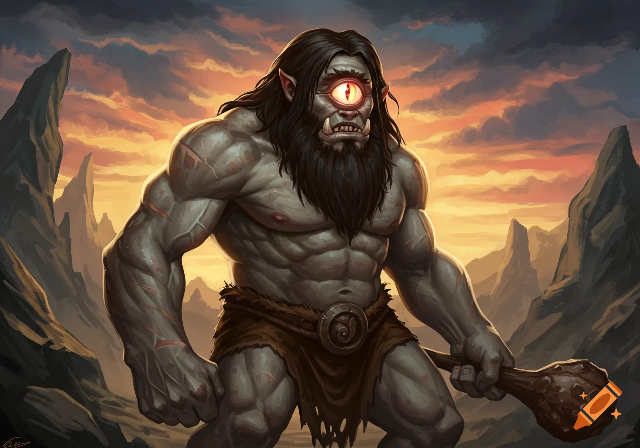 Muscular cyclops with a single eye holding a club in a rocky landscape ...