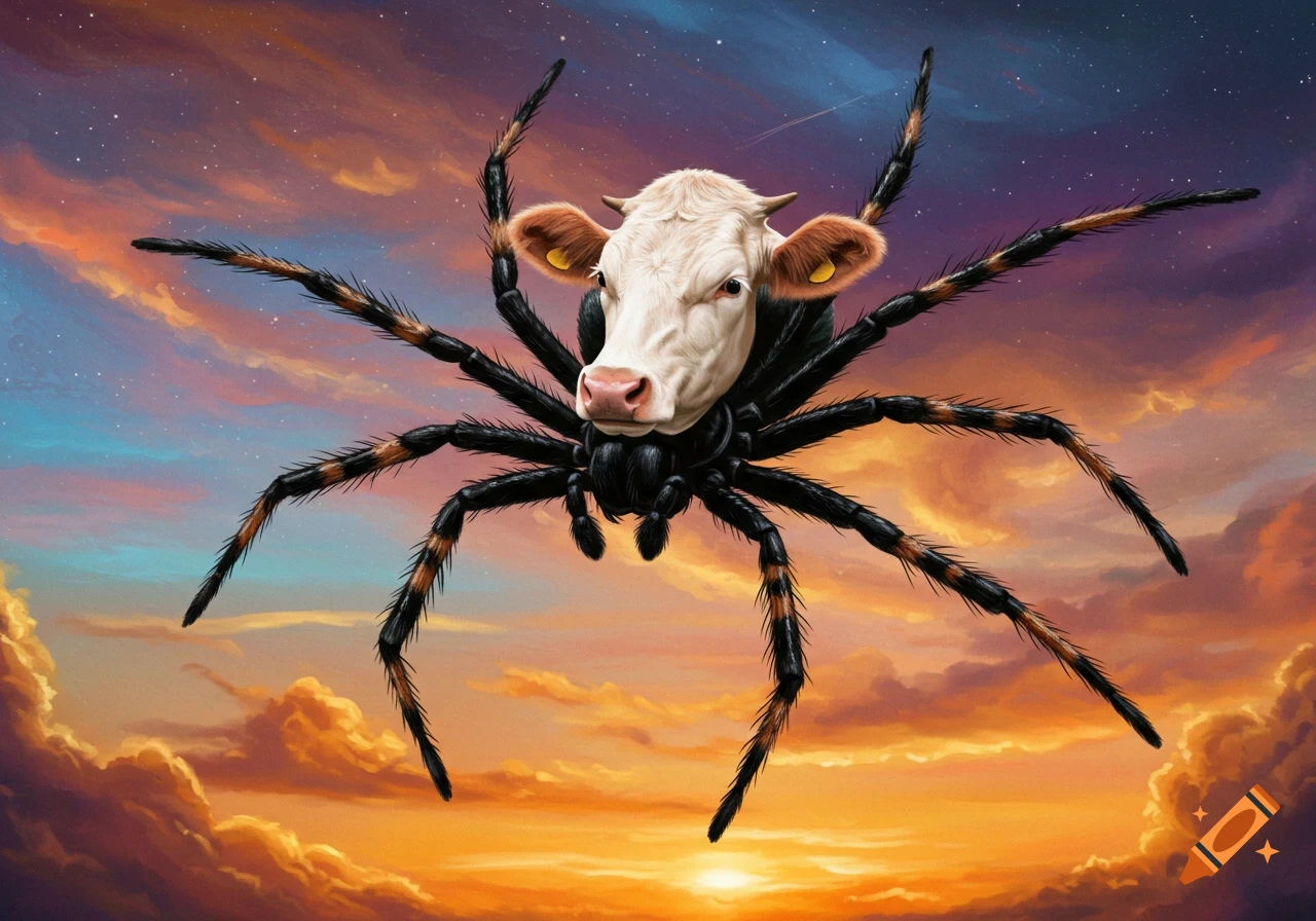 A surreal image of a large spider with a cow head flying in a colorful ...