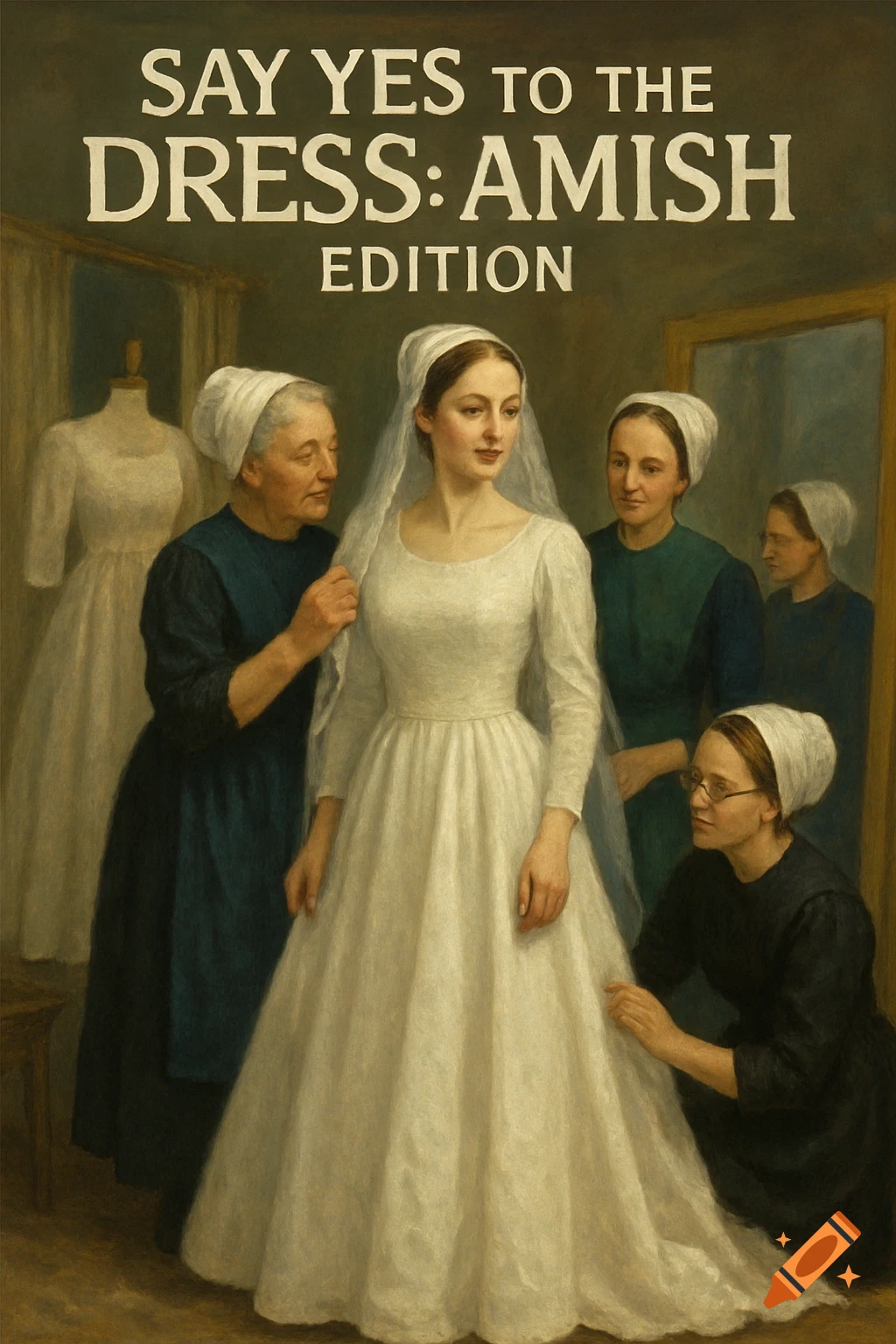 Painting of Amish women helping a bride try on a wedding dress with ...