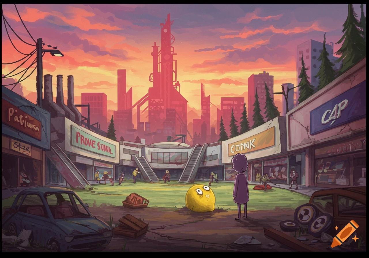 Cartoon illustration of a rundown urban center with figures and a ...