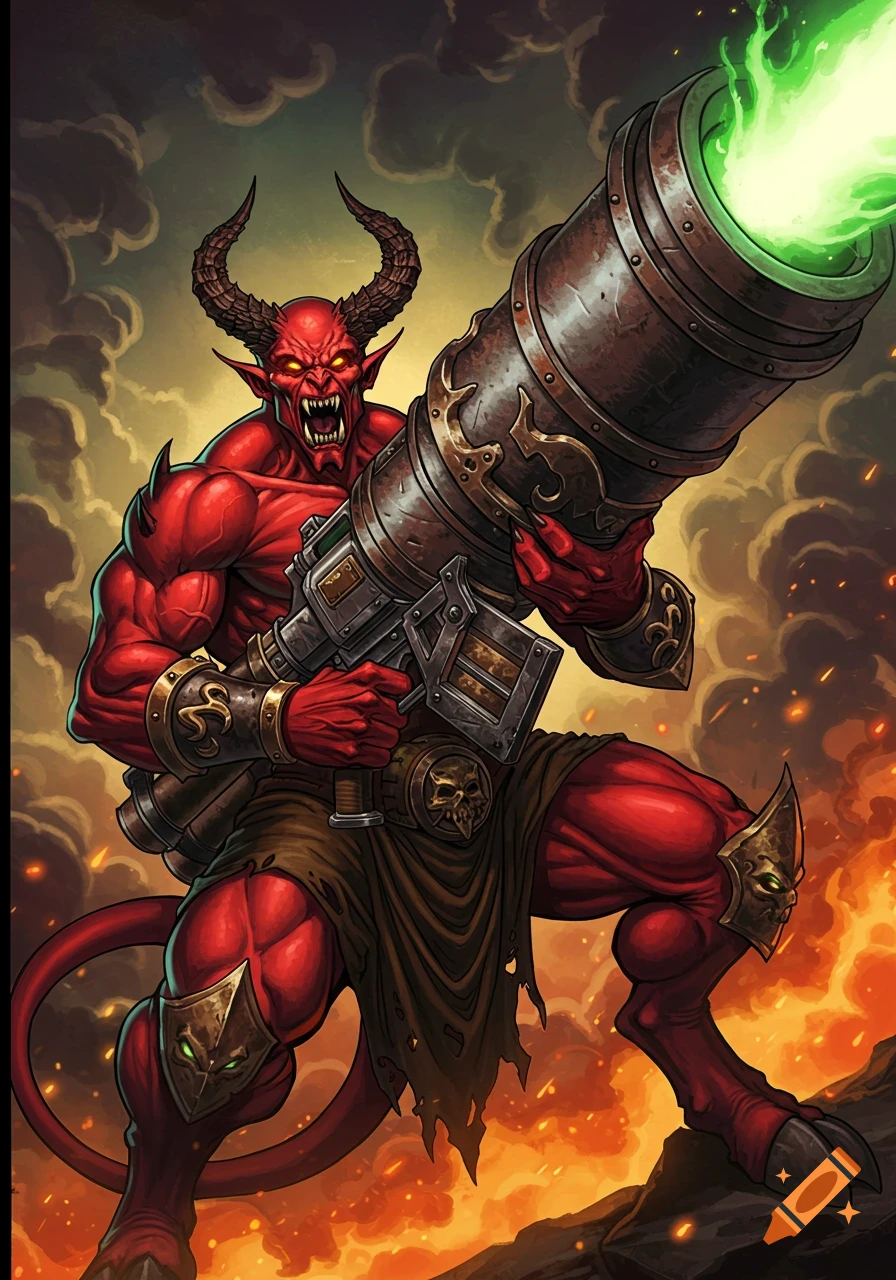 Red demon holding a large steampunk rocket launcher emitting green ...