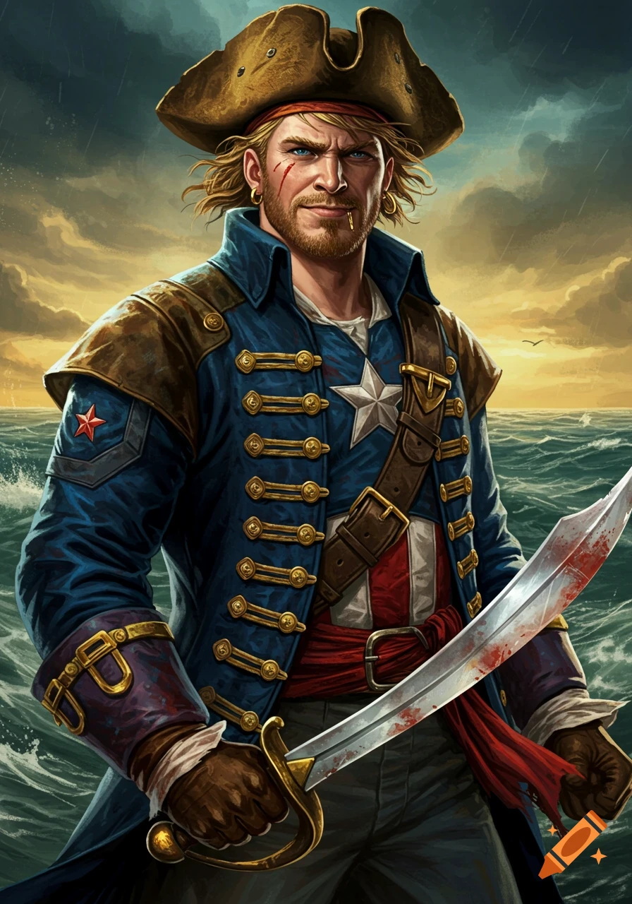 Pirate captain in blue and gold coat with US flag elements, holding a ...