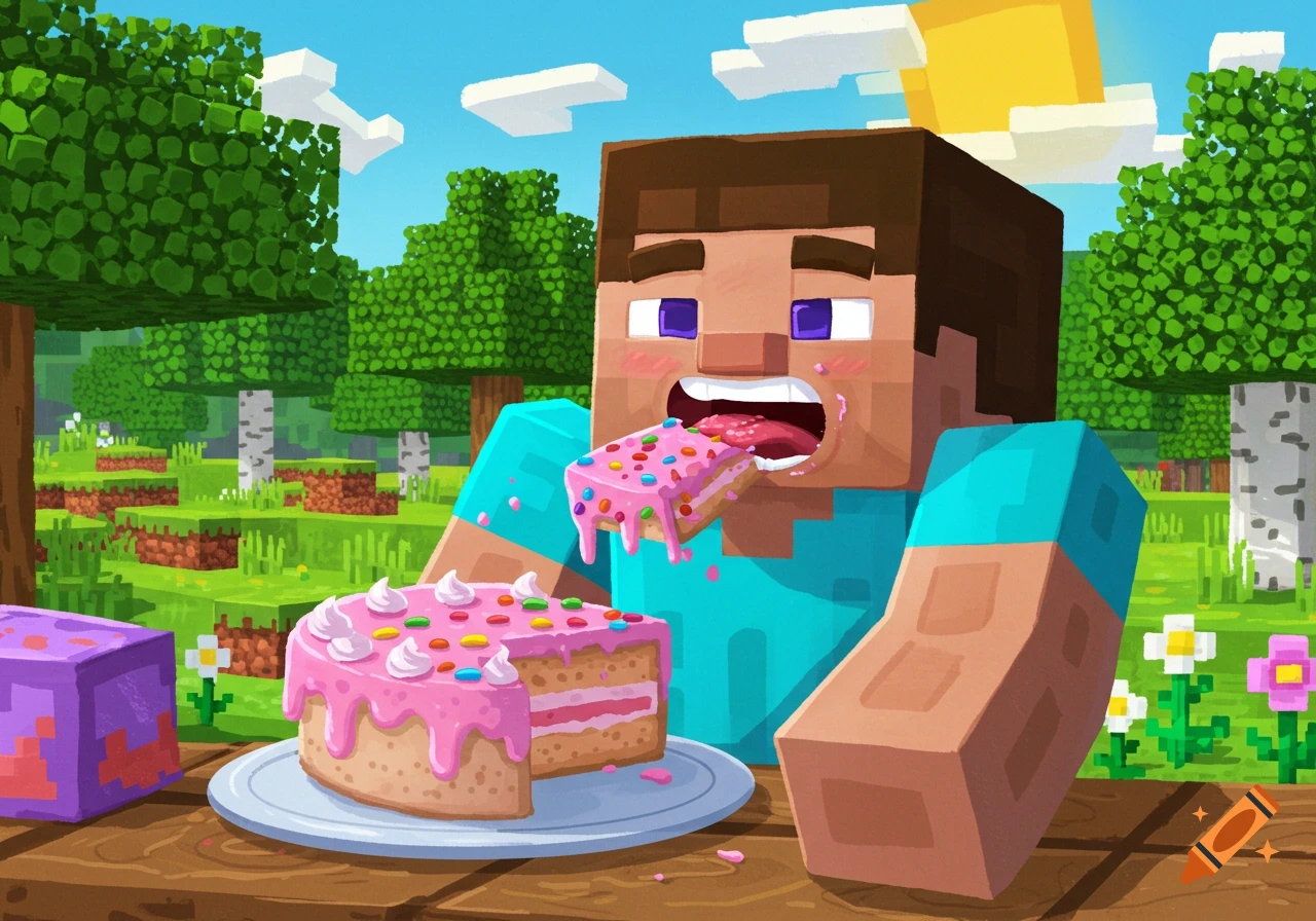 Minecraft Steve eating a large piece of cake in a pixelated outdoor ...