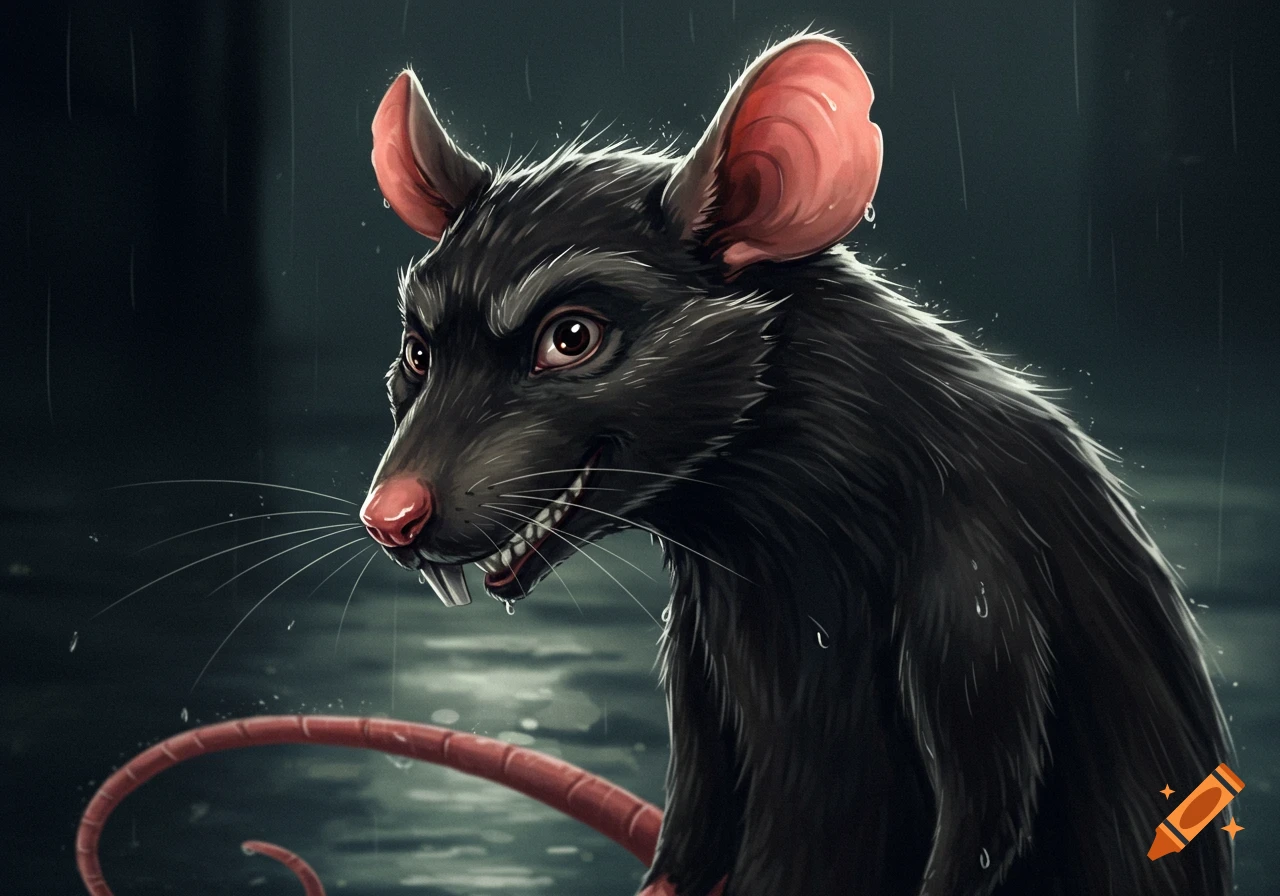 Illustration of a sly, sinister wet rat with a smile, in the rain. on ...