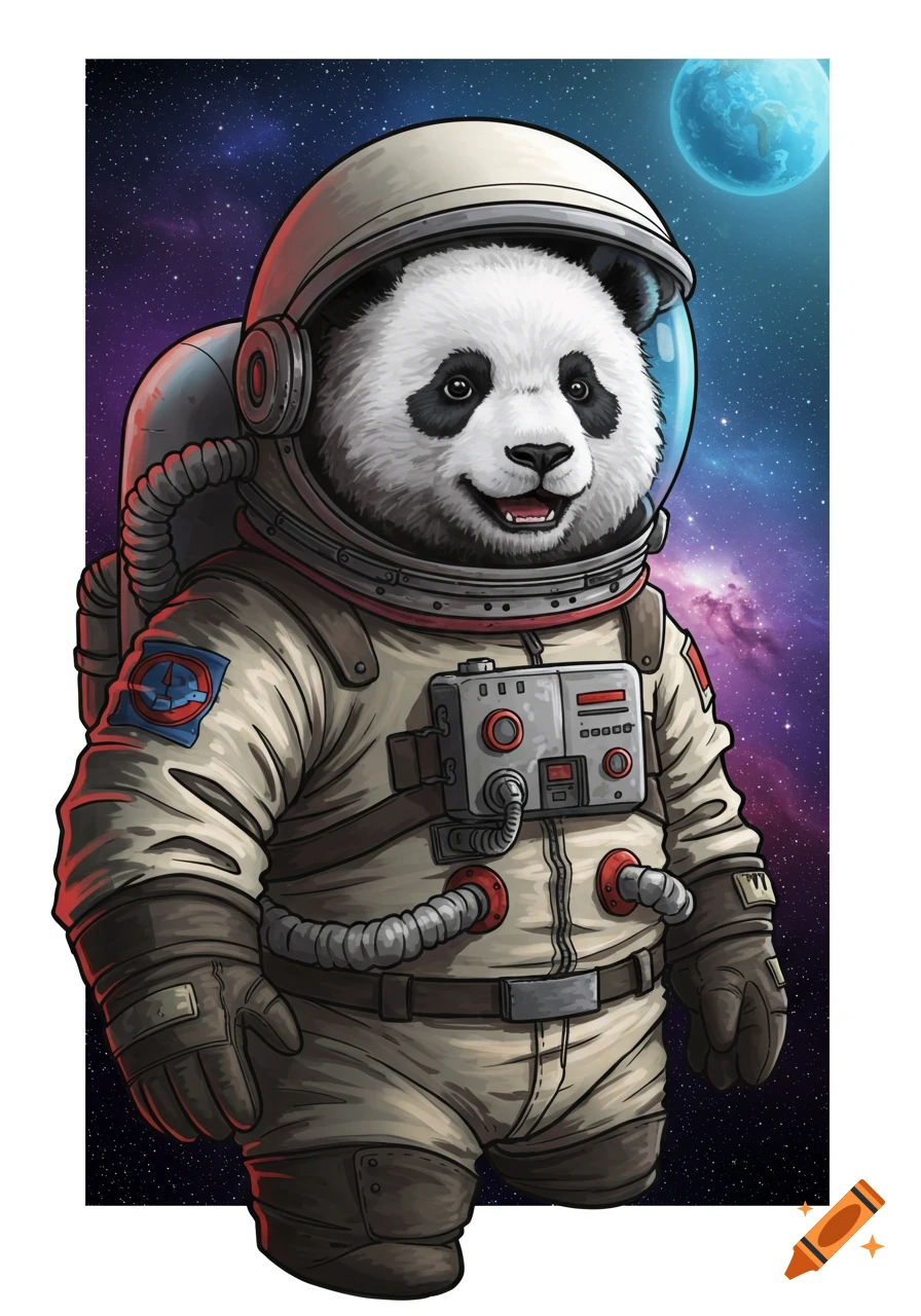 Cartoon illustration of a panda wearing an astronaut suit floating in ...