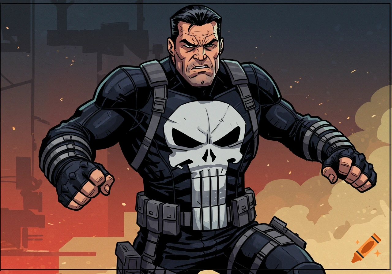 A comic book illustration of The Punisher in a fighting stance against ...