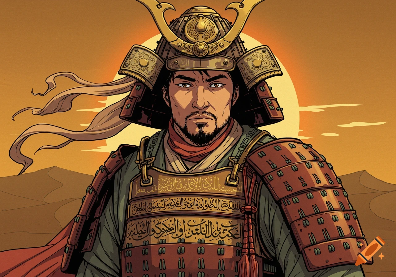 Illustration of a man wearing a stylized samurai and Middle Eastern ...